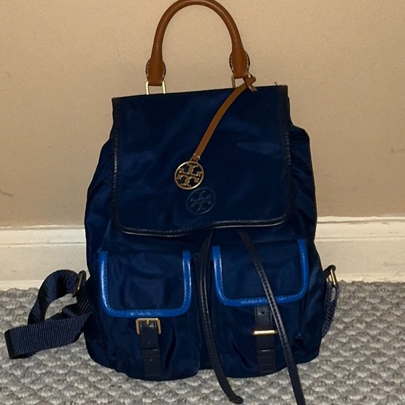 Tory Burch | Bags | Tory Burch Blue And Brown Backpack With Leather ...